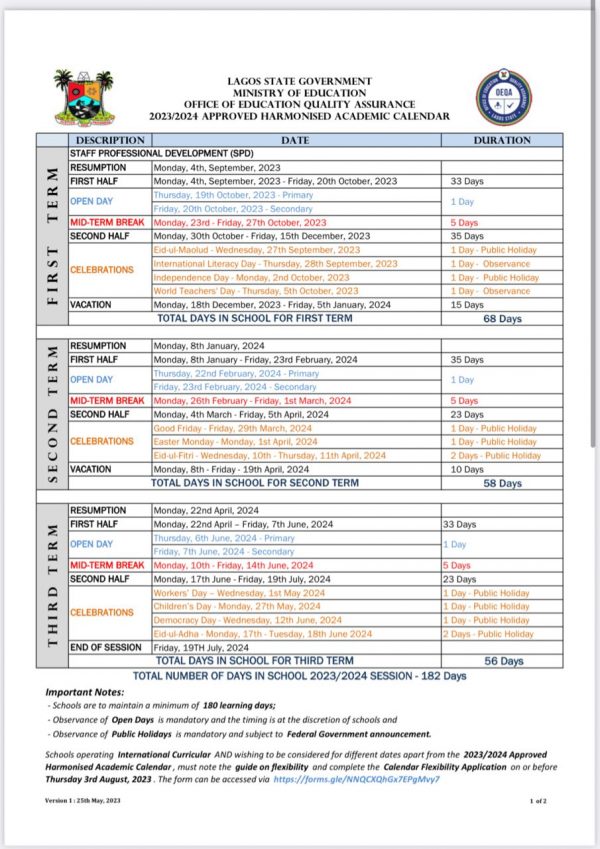 2023/2024 APPROVED HARMONIZED ACADEMIC CALENDAR – OEQA